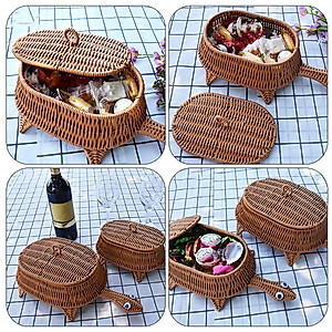 Cabilock Woven Rattan Basket with Lid Decorative Turtle Shaped Basket Fruit Nut Snack Storage Container for Kitchen Coffee Table