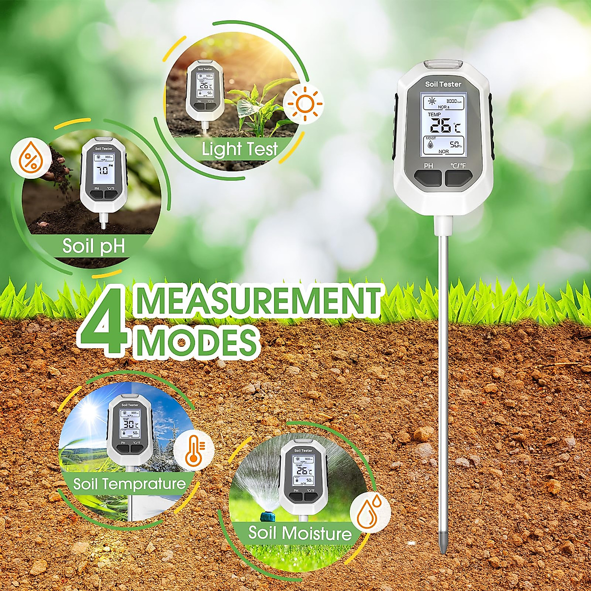 4-in-1 Soil Moisture Meter Digital Plant Temperature/Soil Moisture/PH Meter/Sunlight Intensity Backlight LCD Display Soil Test Meter for Gardening, Farming and Outdoor Plants