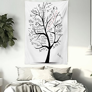 Lunarable Mathematics Room Tapestry King Size, Math Tree Branches Complex Formulas Solution Knowledge Print, Wall Hanging Bedspread Bed Cover Wall Decor, 30" X 45", Black and White