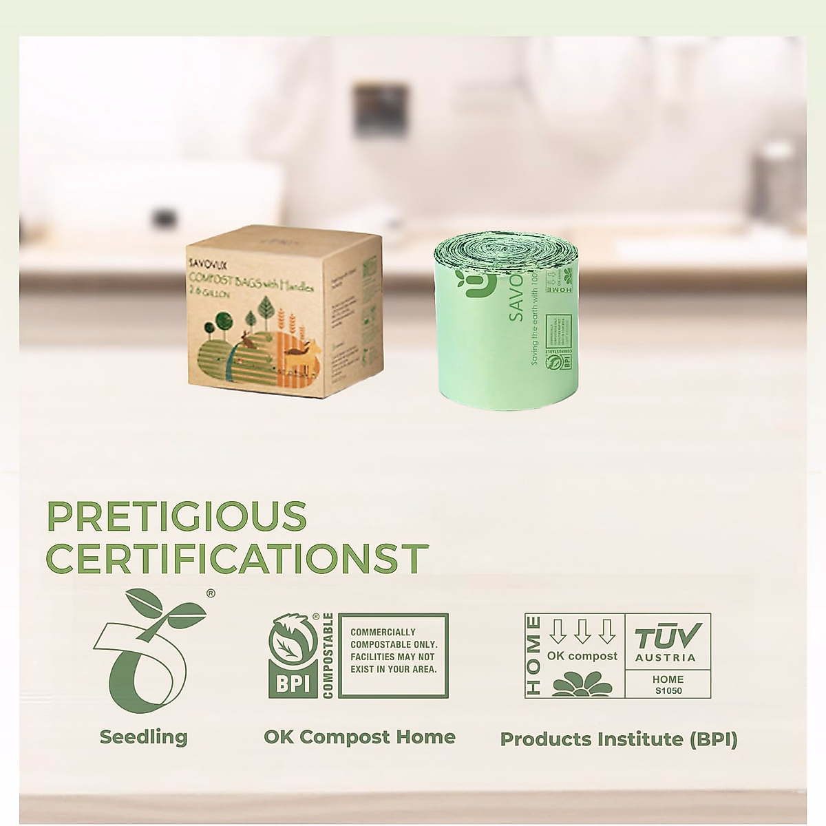 2.6 Gallon Compostable Trash Bags,Extra Thick Kitchen Food Scrap Bags with Handle, Compost Trash Bags Small Certified by BPI &Europe OK Compost, 9.84L