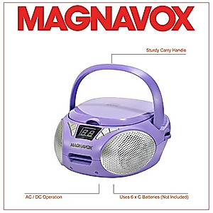 Magnavox MD6924-PL Portable Top Loading CD Boombox with AM/FM Stereo Radio in Purple | CD-R/CD-RW Compatible | LED Display | AUX Port Supported | Programmable CD Player |