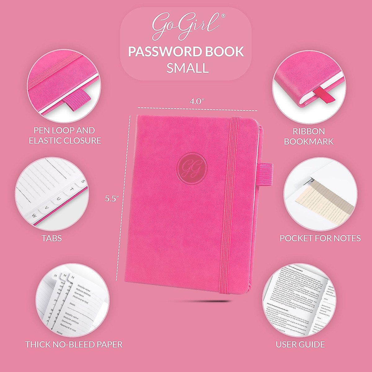 GoGirl Password Book with Alphabetical tabs - Internet Address & Password Keeper Logbook for Password Organization. Journal Notebook for Saving Website Logins Pocket Size 4.0"x5.5", Hot Pink