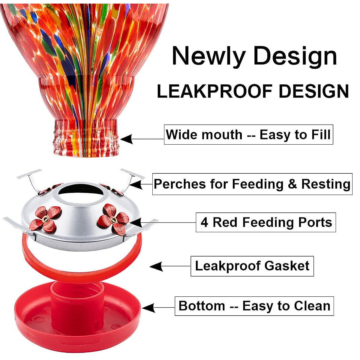 WOSIBO Hummingbird Feeder for Outdoors Patio Large 32 Ounces Colorful Hand Blown Glass Hummingbird Feeder with Ant Moat Hanging Hook, Rope, Brush and Service Card (RED-Firework)