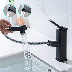 KAIYING Pull Down Bathroom Sink Faucet, Modern Lavatory Vessel Sink Faucet, Utility Single Hole Bathroom Sink Faucet with Pull Out Sprayer, Commercial Basin Mixer Tap (Regular, Black)