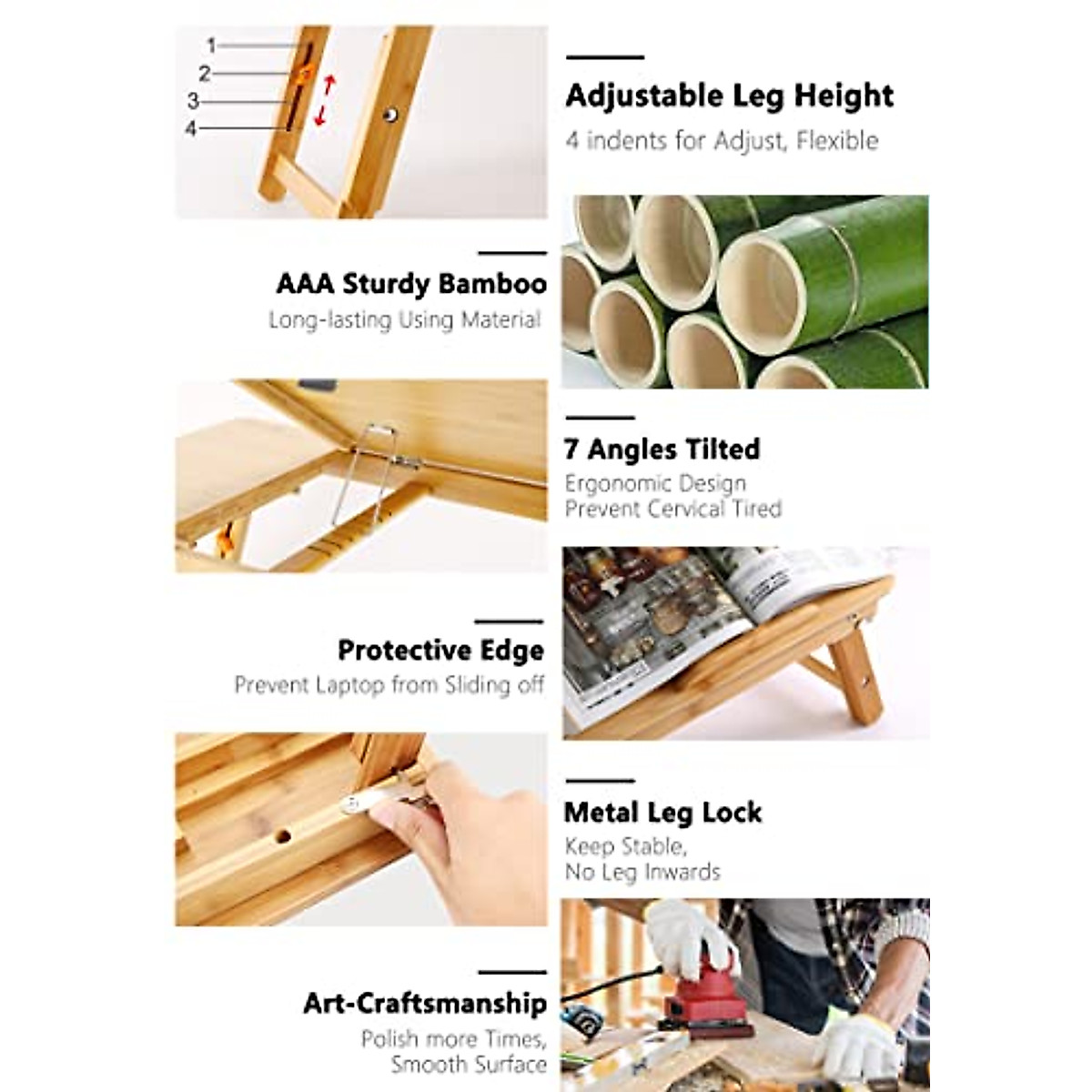 Laptop Desk Nnewvante Table Adjustable Bamboo Foldable Breakfast Serving Bed Tray w' Tilting Top Drawer