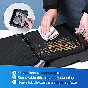FELAYZA Smokeless Indoor Electric Grill & Panini Press, 8-Serving, Nonstick Removable Plate, Temp & Time Adjustable, Indoor Table Aluminum Grill with Removable Drip Tray for BBQ, Sandwich, Pancake etc