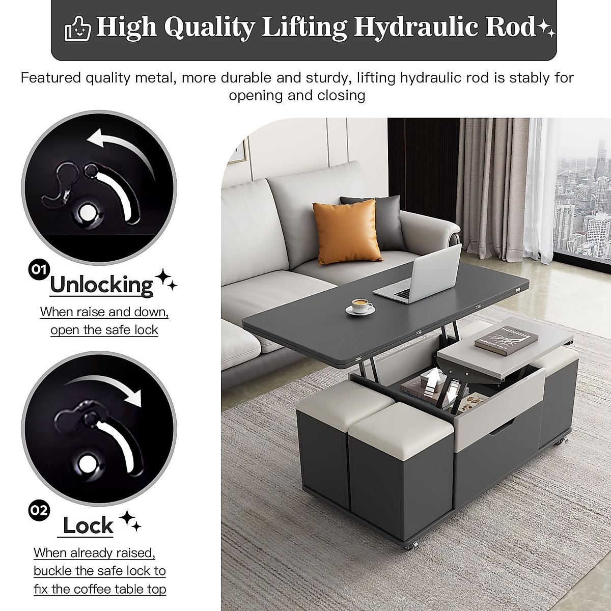 GraceNook 3 in 1 Mutifunction Coffee Table, Lift Top Coffee Table with 4 Seats, Coffee Table with Storage Lift Up Pu Stools,Coffee Table Converts to Dining Table for Living Room, Bedroom