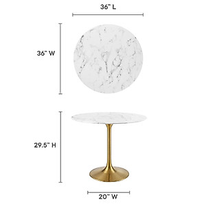 Modway Lippa 36" Mid-Century Dining Table with Round Artificial Marble Top in Gold White