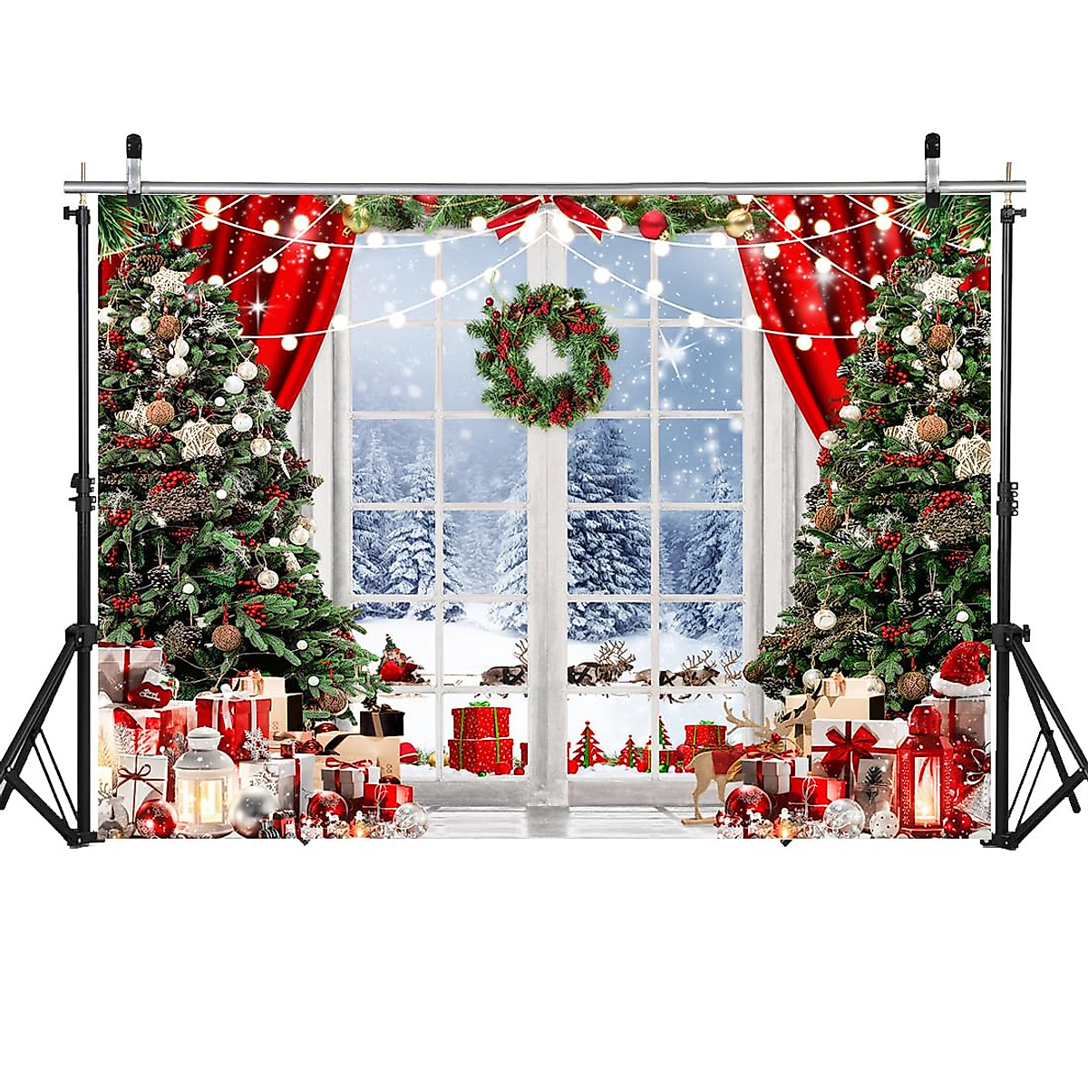 LYCGS 7X5ft Christmas Backdrop Winter Snow Scene Backdrop for Photography Christmas Window Background Xmas Tree & Party Decoration Banner X-171