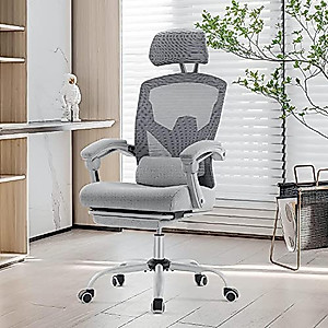 Ergonomic High Back Office Chair with Lumbar Pillow and Retractable Footrest, Mesh Office Chair with Padded Armrests and Adjustable Headrest, Swivel Rolling Chair, Height Adjustable