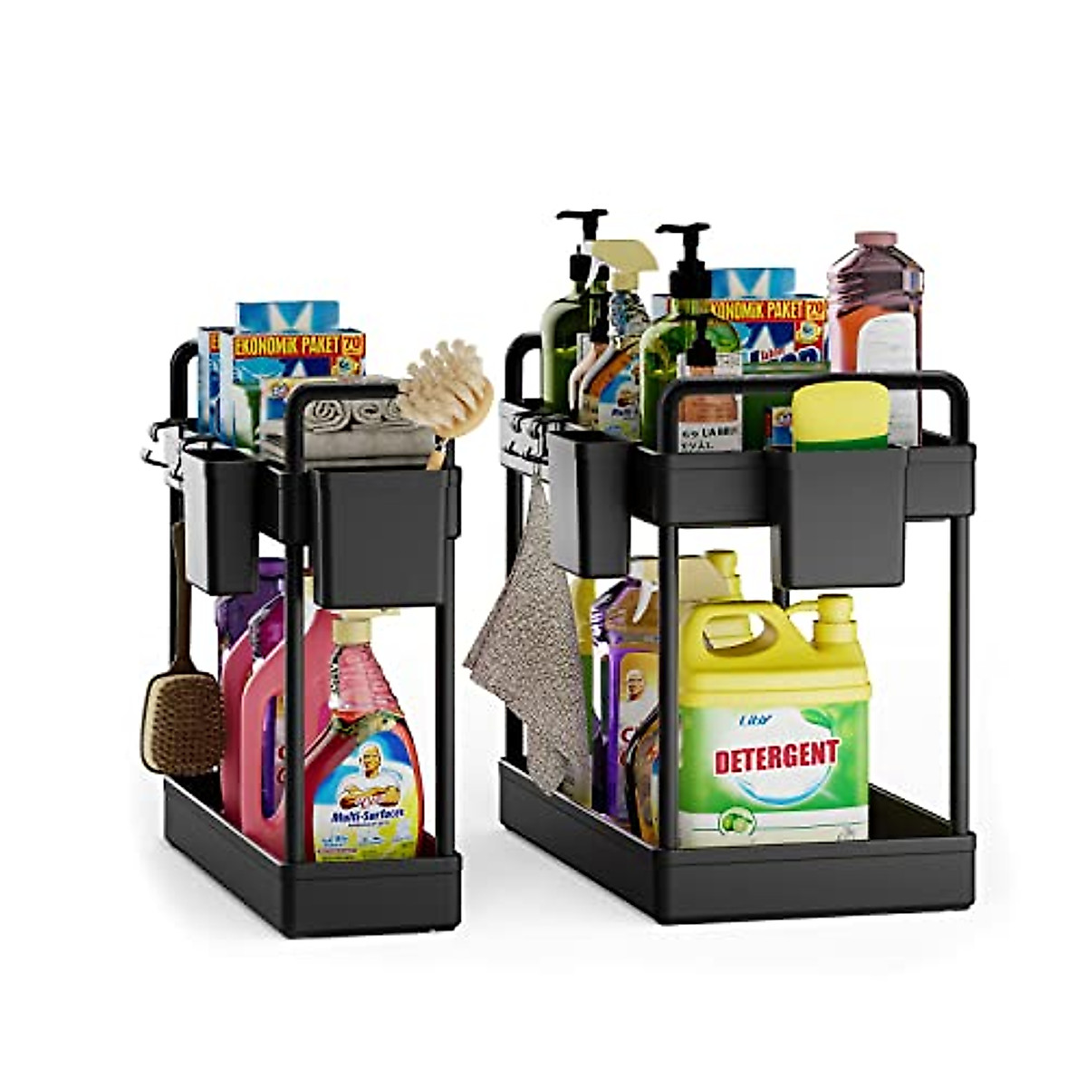 2 Pack Under Sink Organizer, 2 Tier Kitchen Under Sink Cabinet Organizers and Storage with Cups and Hooks, Black Bathroom Under Sink Shelf Organizer Basket, Multi-purpose Under Sink Storage