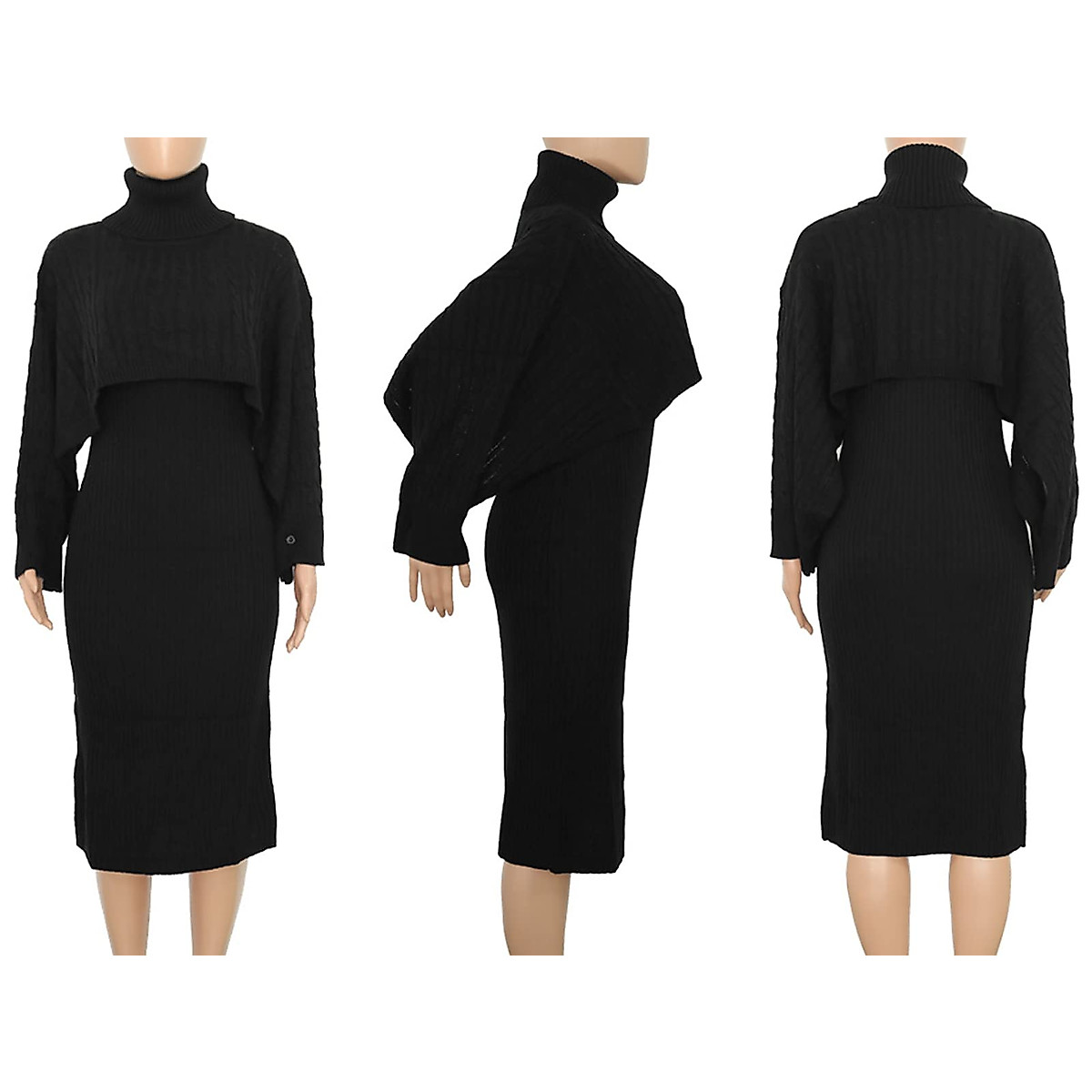 Famnbro Women's 2 Piece Winter Outfits Cable Knit Turtleneck Cropped Sweater Bodycon Midi Dress Sets