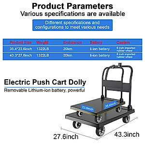 Electric Push Cart Dolly, Moving Platform Hand Truck, 1322 lb Weight Capacity, 20KM Range, Foldable, 360 Degree Swivel Wheels, Black (with Fence, 35.4 * 23.6inch)