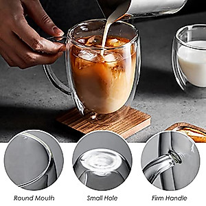 Ulrikco 12oz Double Walled Glass Coffee Mugs with Handle, Clear Cappuccino Glass Mug Set of 4, Insulated Layer Coffee Cups, Clear Borosilicate Glass Mugs, Glasses Espresso Mugs for Coffee