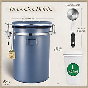 RODDEN Airtight Coffee Canister 22OZ Stainless Steel with Date Tracker, Measuring Scoop, CO2 Releasing Valves, Kitchen Food Storage Contanier, 1800ml