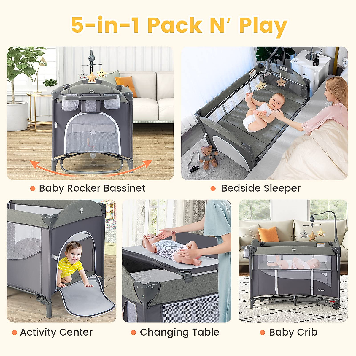 INFANS Pack and Play, Baby Bedside Sleeper with Bassinet, Diaper Changer, Mattress, Carry Bag, Music Box Hanging Toys, Foldable Bedside Crib, Portable Playard for Newborn Toddlers (5 in 1, Classic)