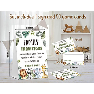 Baby Shower Games Family Traditions Sign, 1 Standing Sign and 50 Cards, Safari Jungle Wild Animal Gender Neutral Decoration, Gender Reveal Party, Bridal Shower Favor Supplies-LT50
