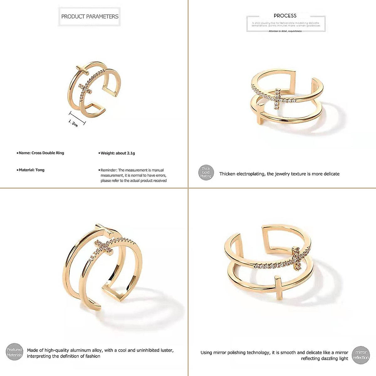 JINYISI Zircon Ring,Simple Double Layer Cross Open Ring,Double-Layer Crystal Finger Rings Stackable,Cubic Zirconia 925 Sterling Silver Ring,Adjustable For Women Bling Jewelry, Color