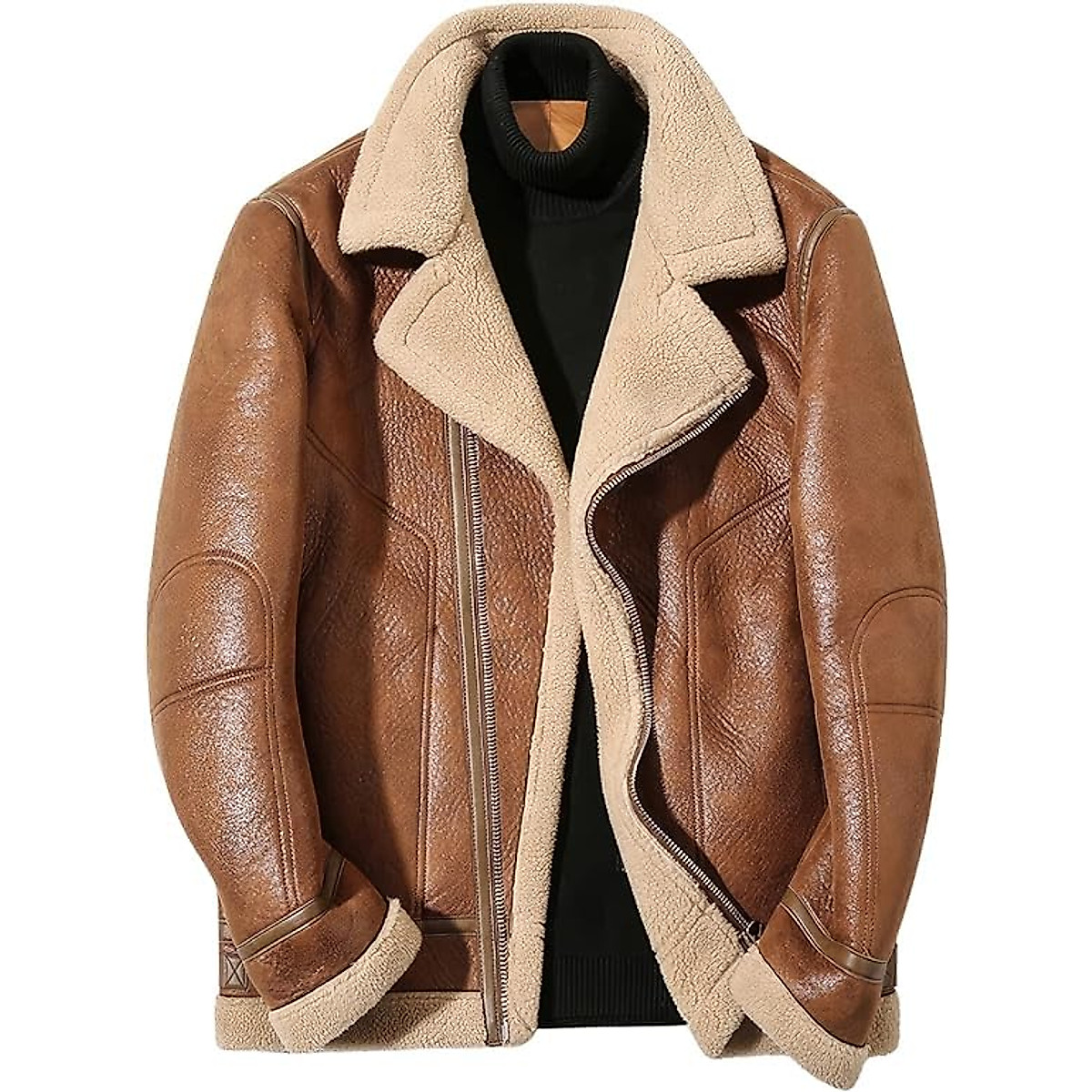 Men's Vintage Brown Sheepskin Bomber Jacket - Timeless Aviator with Sherpa Shearling Faux Fur Lining (US, Alpha, Medium, Regular, Regular)
