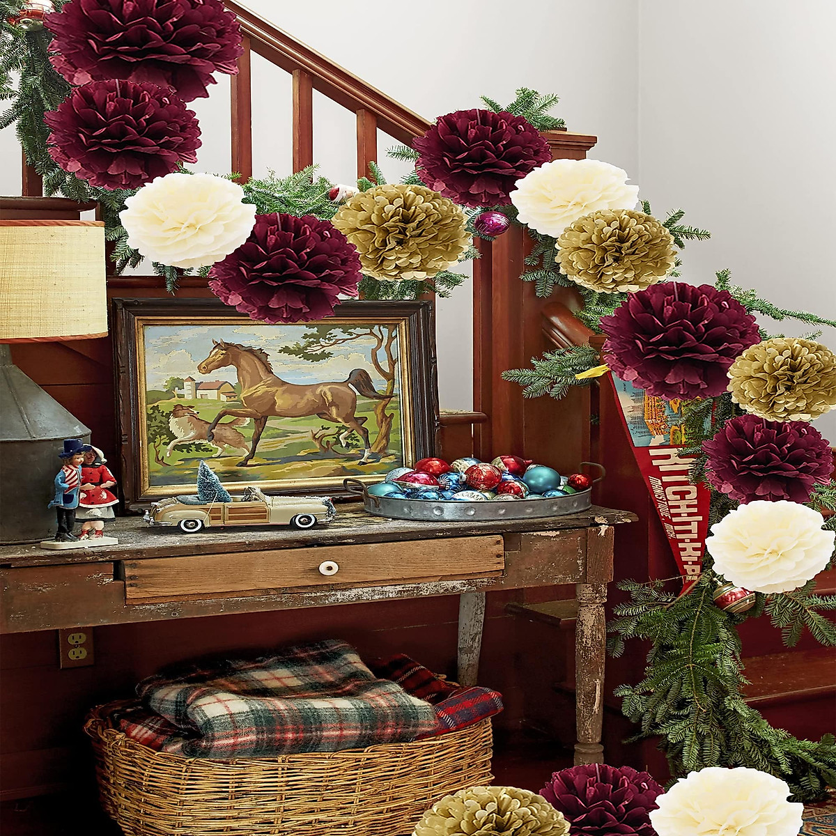 Decorations 2024 Maroon Graduation/Burgundy Gold Cream Birthday Decorations for Women 40th/50th Birthday 12pcs Tissue Paper Pom Poms Maroon Burgundy Gold Wedding/Bridal Shower Retirement Decorations