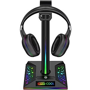 EUROA Headphone Stand Gaming Desk Headset Stand Holder with 10 RGB Lights, Head Set Desk Hook Gift Accessories for Gamer, Backpack Gaming Headpones Stand with 2 USB Charing Ports