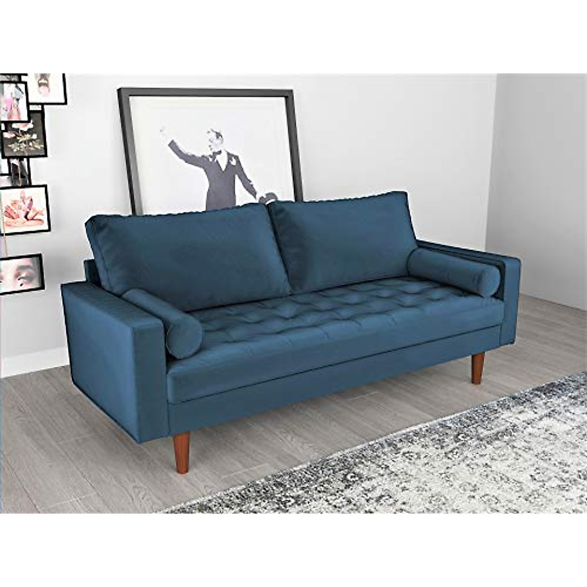 Container Furniture Direct Womble Modern Velvet Upholstered Living Room Diamond Tufted Chesterfield Sofa with Gleaming Nailheads, Ross Blue