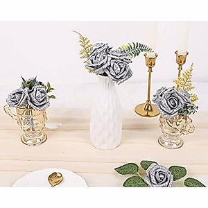 IPOPU Artificial Flowers, 25pcs Foam Glitter Roses Glitter Foam Rose Foam Rose with Stem for DIY Wedding Bridal Bouquet Home Party Christmas Decoration(Silver)
