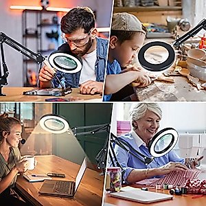 LED Magnifying Glass Desk Lamp with Clamp ,3 Color Modes 10 Levels Dimmable Adjustable Swivel Arm for Reading Rework Craft Workbench
