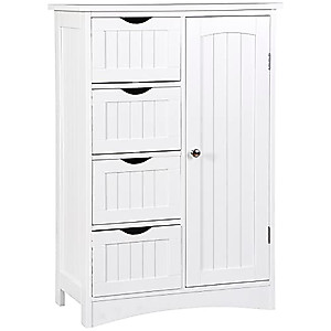 SUPER DEAL Freestanding Bathroom Floor Storage Cabinet with 4 Drawers and Adjustable Shelves, Living Room Entryway Home Furniture Storage Organizer Unit, White¡­