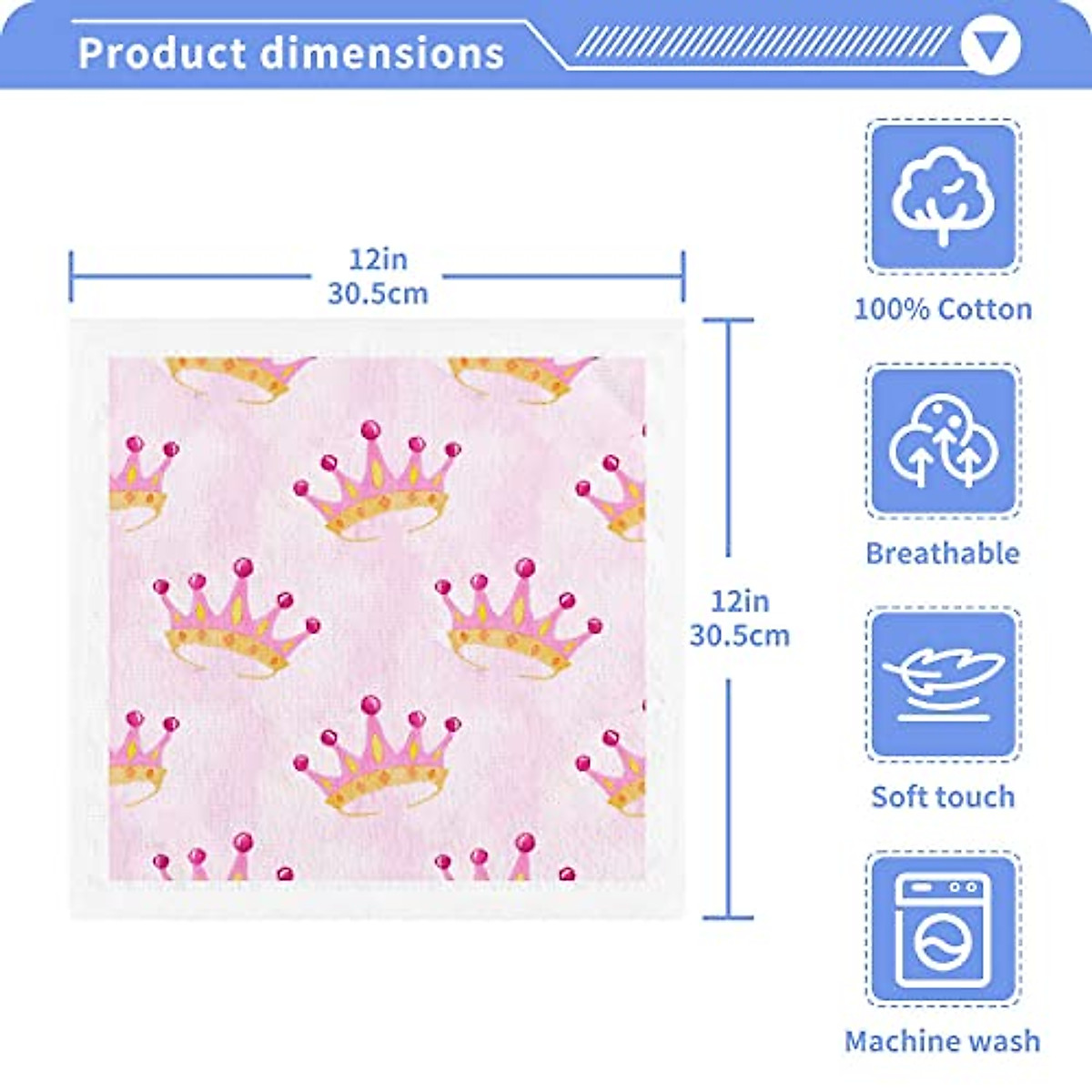 Soft Pink Watercolor Crown Washcloth 12x12in Set, 4 Pack Absorbent Cotton Towel Square Kitchen Dishes Towels, Cleaning Face Hand Towel Fast Drying