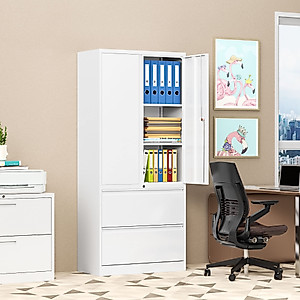 LISSIMO File Cabinet with Lock,Metal Filing Cabinets with Adjustable Shelves and 2 Drawers for Home Office,School Locker Office Storage Cabinet for Letter/Legal/A4 Size Files(White)