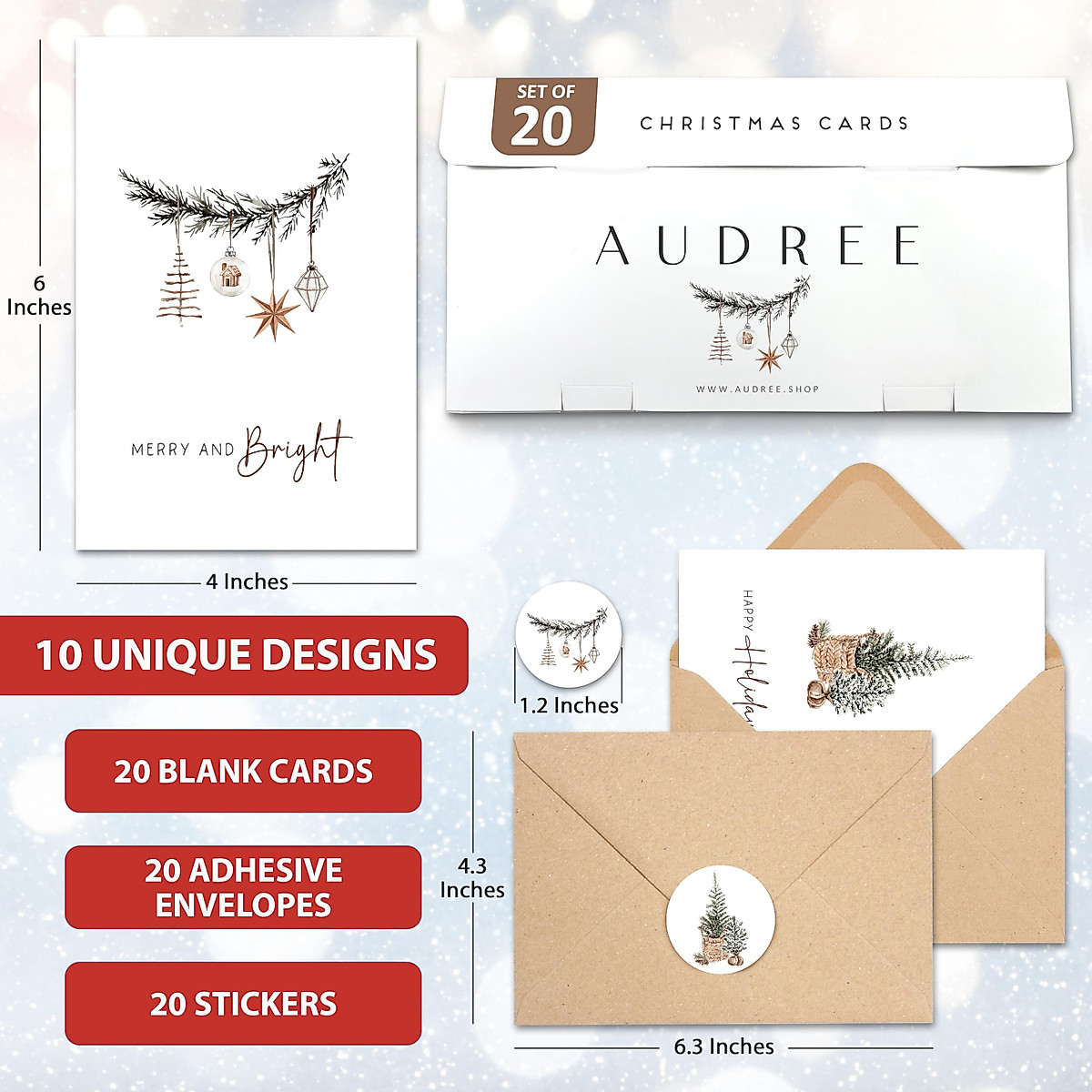 AUDREE Christmas Cards With Envelopes & Matching Stickers (20 Pack 4"x6") - Assortment Boxed Holiday Cards - Thoughtful Gift Idea for Friends and Family - Perfect for Happy Holidays Cards, Xmas Cards (Boho Christmas Cards)