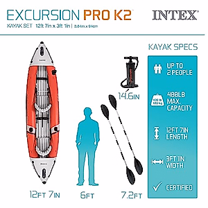 INTEX 68309EP Excursion Pro K2 Inflatable Kayak Set: Includes Deluxe 86in Aluminum Oars and High-Output Pump – SuperTough PVC – Adjustable Bucket Seat – 2-Person – 400lb Weight Capacity