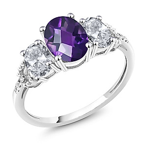 Gem Stone King 10K White Gold Amethyst and White Topaz and Diamond Accent 3 Stone Engagement Ring For Women (2.05 Cttw, Gemstone Birthstone) (Size 6)