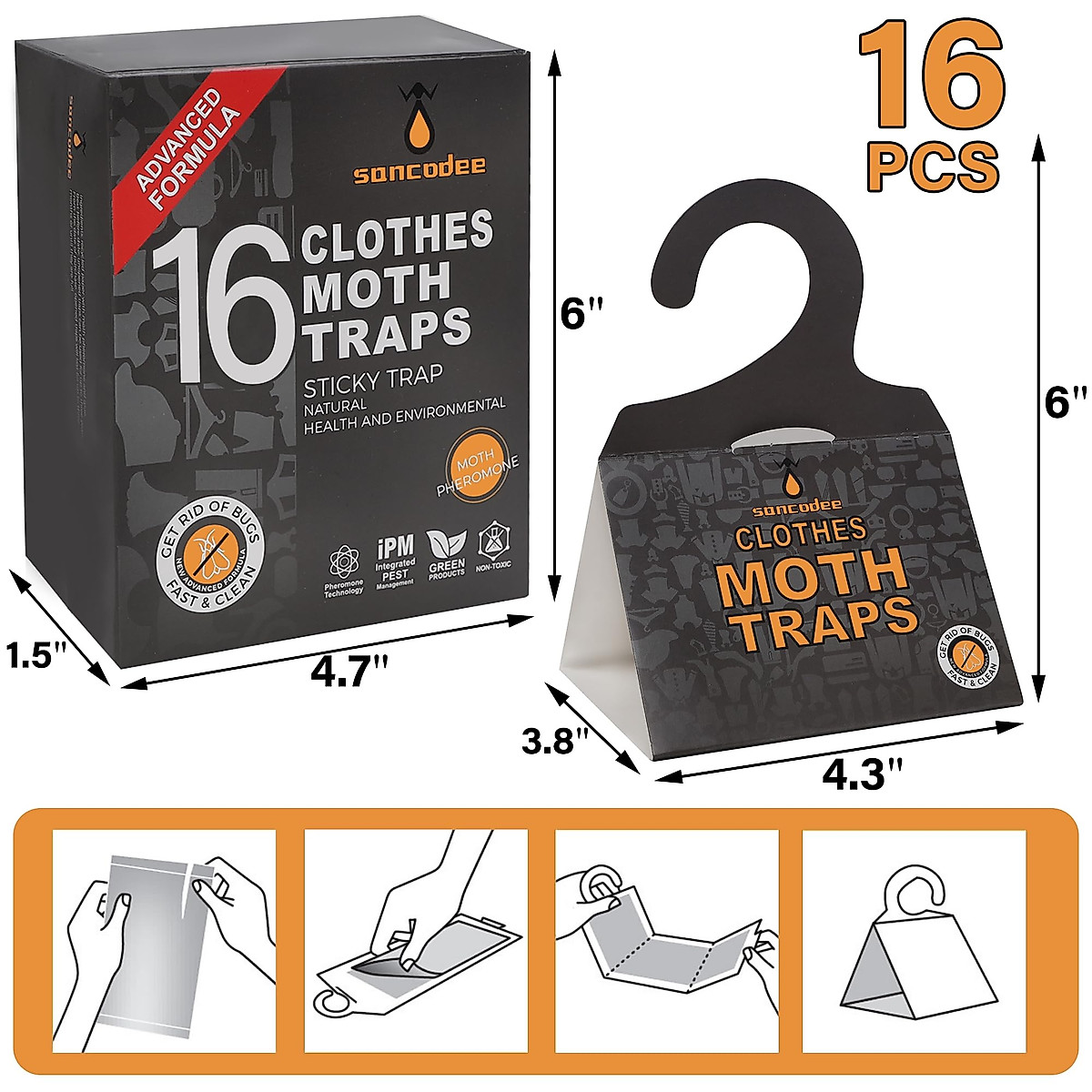 Sancodee 16 Pack Clothes Moth Traps with Natural Pheromones, Hanging Glue Trap Clothing Moth Prevention Trap, Moth Trap Sticky Boards for Closets Kill Case-Bearing Webbing Moths