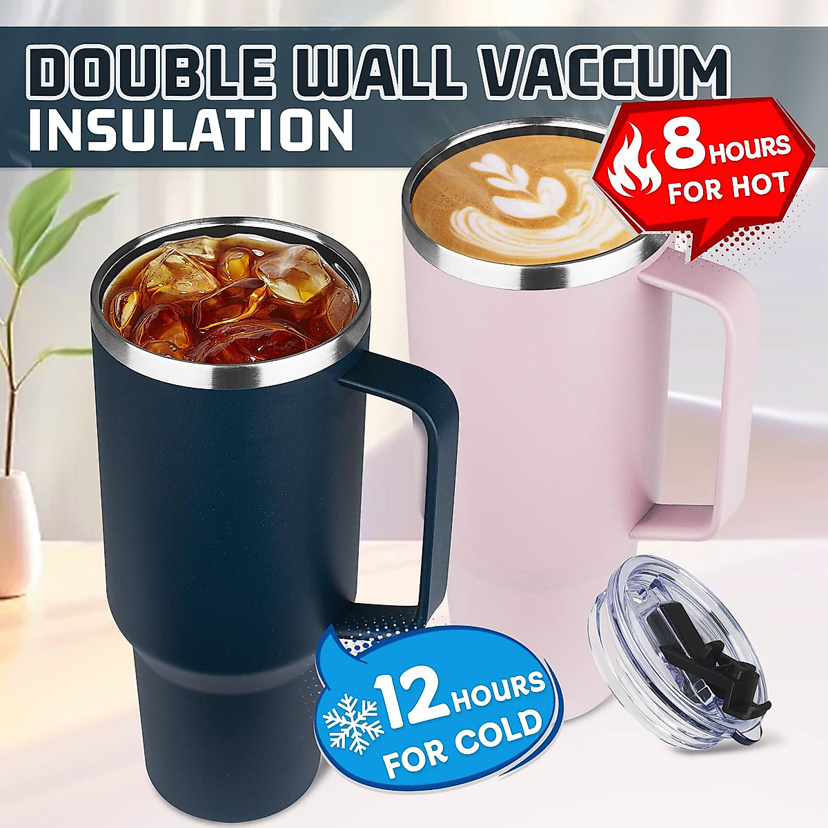 40 oz Tumbler with Handle and Flip Straw, 100% Leakproof Insulated Tumbler with Lid and Straw, Stainless Steel Insulated Travel Coffee Mug, Insulated Coffee Thermal Cup for Cold and Hot (Deep Blue)