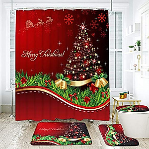 Uspring 4 Pcs Merry Christmas Shower Curtain Sets with Non-Slip Rugs, Bath Mat, Toilet Lid Cover and 12 Hooks, Xmas Tree Ball Snowflake Red Shower Curtain for Christmas Decoration