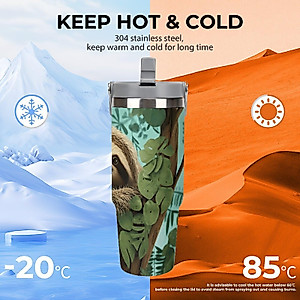 30oz Stainless Steel Insulated Tumbler with Flip Lid & Straw, Leakproof Travel Mug for Car, Hug Tree Sloth Double Wall Vacuum Thermal Coffee Cup with Handle, Spill-Proof Design for Hot/Cold Drinks