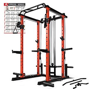 RitFit Multi-Function Power Rack Cage PPC03 with Adjustable Cable Crossover System,1000LBS Capacity, Full Home Gym Workout with J-Hook, Landmine and Other Attachments-Orange