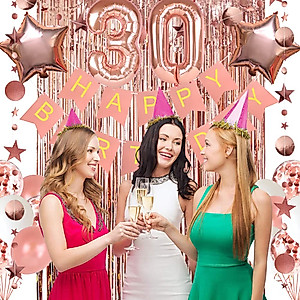 30th Birthday Decorations for Her, Happy Birthday Banner 30 Balloon Numbers Happy Birthday Cake Topper Rose Gold Curtain 30th Birthday Sash Anniversary Decorations Birthday Backdrop