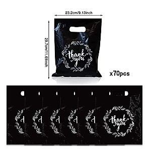KDPATFAV 70 PCS 9" x 12" Plastic Merchandise Bags Shopping Bags with Thank You Logo Boutique Bags with Handles for Birthday Party Baby Shower Wedding Trade Shows and More (Black)