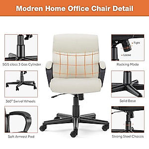 Sweetcrispy Executive Office Chair with Padded Armrests Adjustable Height, 360-Degree Swivel, Lumbar Support, PU Leather, Cream