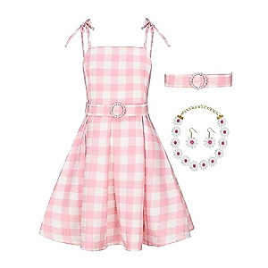 Hitormoon Girls Pink Costume Dress Movie Cosplay Princess Dress Up Kids Outfits with Pearl Belt and Daisy Accessories Birthday Party HN007L