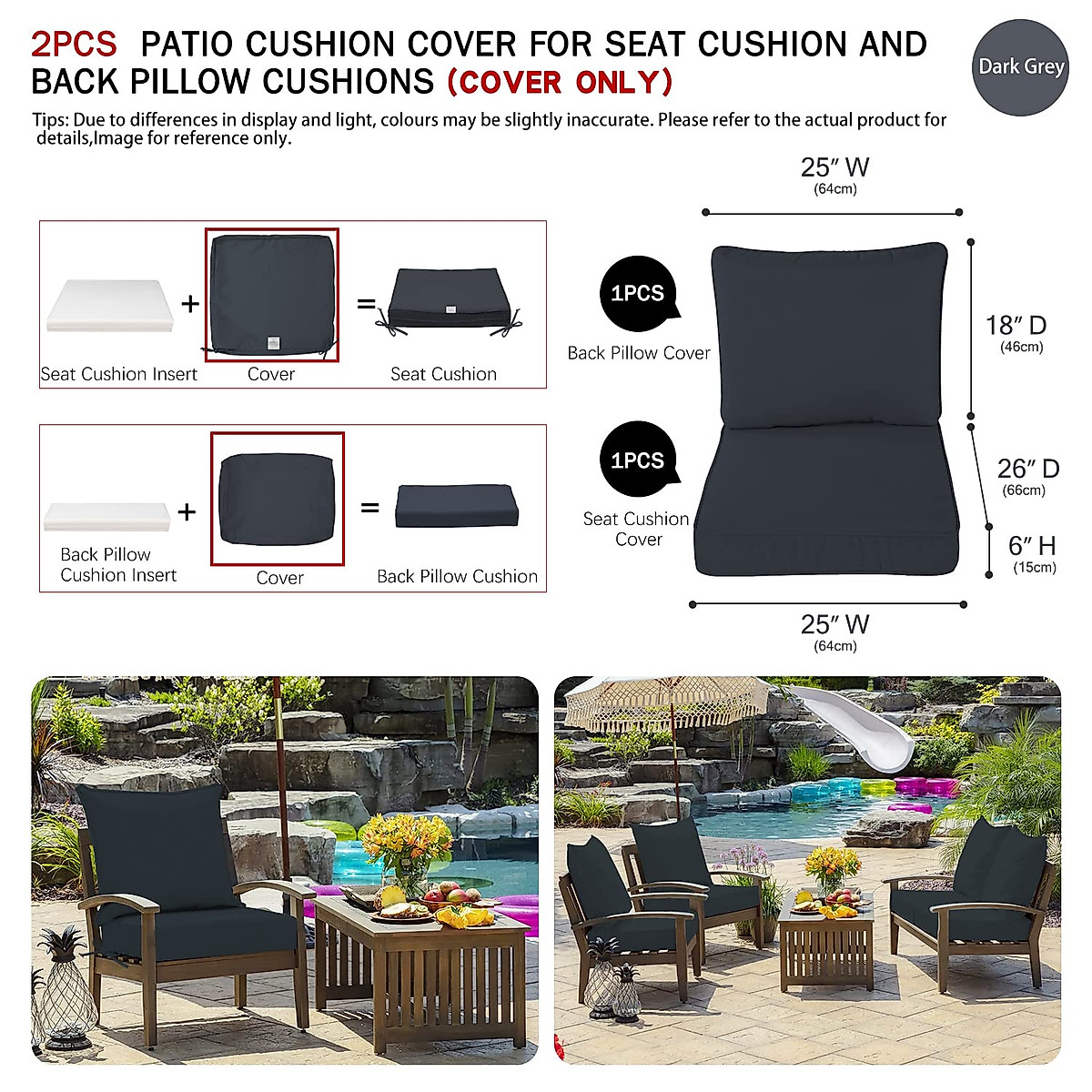 2Pcs Outdoor Seat and Back Cushion Replacement Covers Set Fit for Patio Furniture Sofa Chair Loveseat Sectional Couch,Durable Fadeless, 25Wx26Dx6H,25Wx18Dx6H,Dark Grey-Include Cover Only