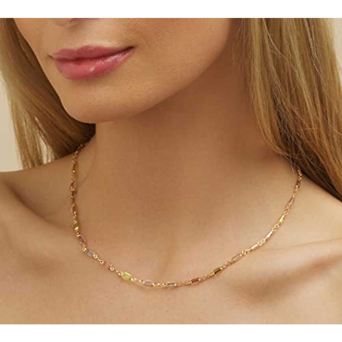 Barzel 18K Gold Plated Multi Stone Crystal Baguette Necklace for Women - Made In Brazil