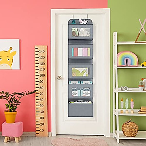 Fixwal Over the Door Hanging Closet Organizer Wall Mount Pantry Storage with 5 Large Pockets and Clear Window for Baby Nursery Bedroom Dorm Pantry Bathroom (Grey)