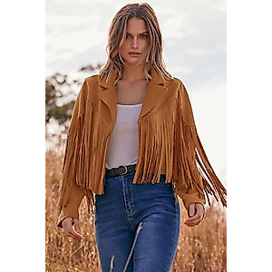 PRETTYGARDEN Women's Fringe Faux Suede Leather Jackets 2023 Fashion Tassel Motorcycle Cropped Coats (Brown Yellow,Small)