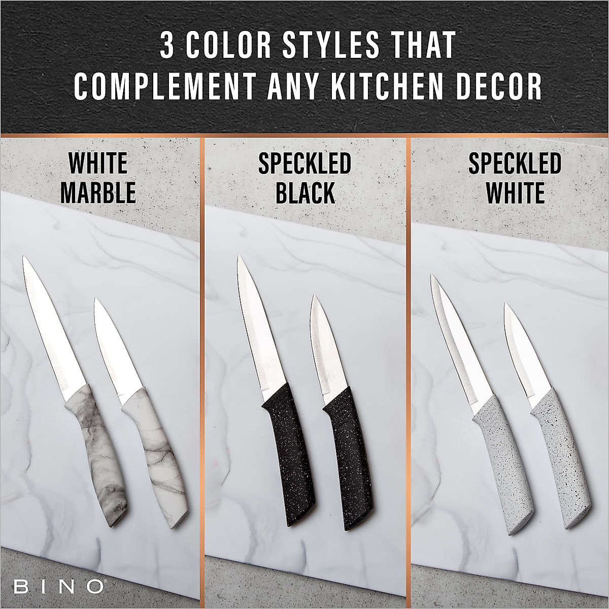 BINO 2-Piece Stainless Steel Paring Knife & Utility Knife with Blade Guards Set - Speckled White | Sharp Knife Set with Good Grip | Cooking Knives | Peeling & Cutting Fruits & Vegetables | Meal Prep