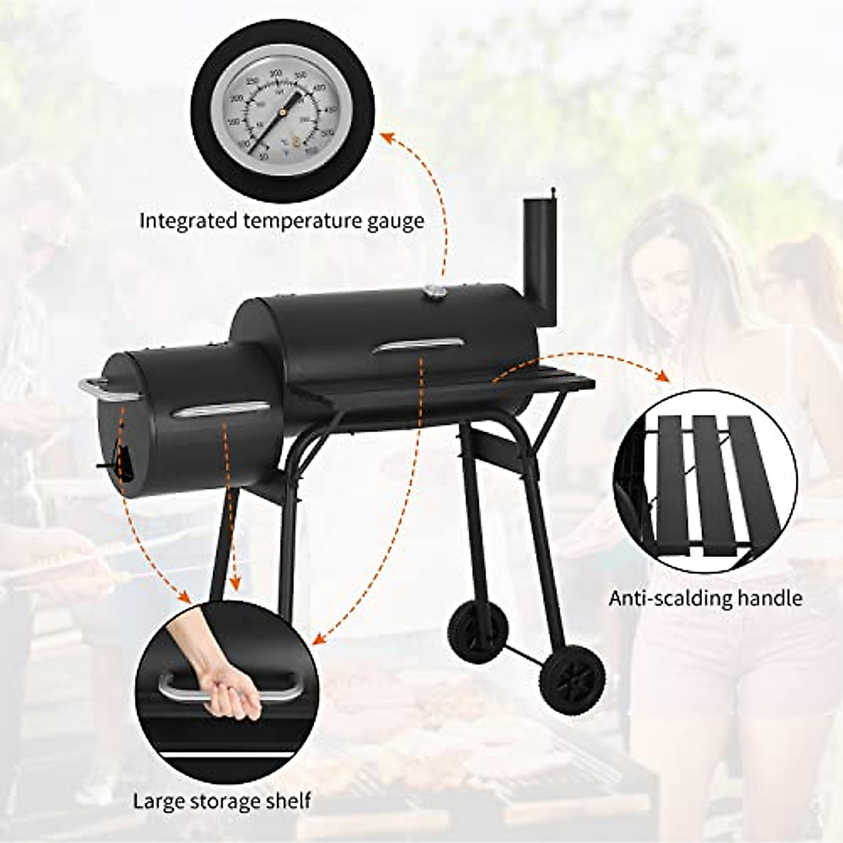 GINMAON Charcoal Grills Outdoor, Portable BBQ Grill Offset Smoker Combo with Wheels & Cover, Heavy-duty Barbecue Cooking Grill with Side Fire Box for 6-10 People Backyard Camping Picnic Patio, Black
