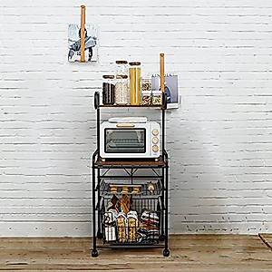 Gdrasuya10 Kitchen Baker's Rack Microwave Stand Cart on Wheels 4 Tier Shelves with Large Metal Baskets Utility Storage Shelf Rolling Cart Fruit Vegetable Kitchen Organizer Rack